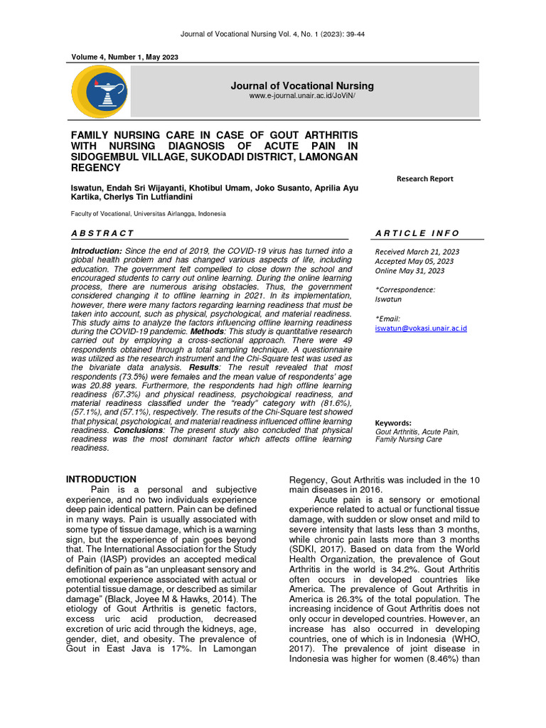 Family Nursing Care In Case Of Gout Arthritis With Nursing Diagnosis Of