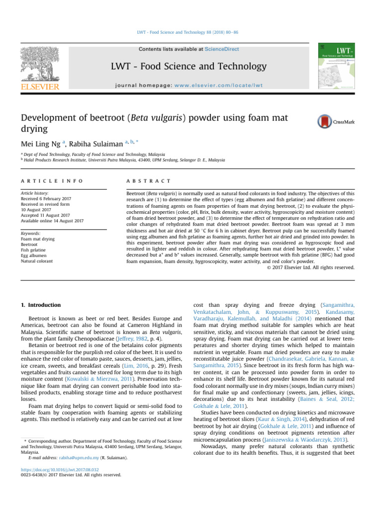2018 Development of Beet Root Powder Using Foam Mat Drying | PDF | Foam ...
