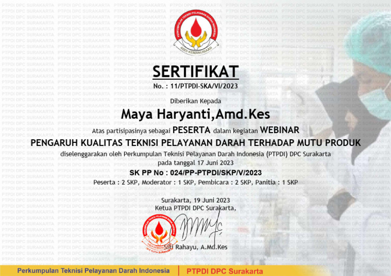 Sertifikat Maya Haryanti, Amd - Kes - Webinar PTPDI DPC Surakarta | PDF