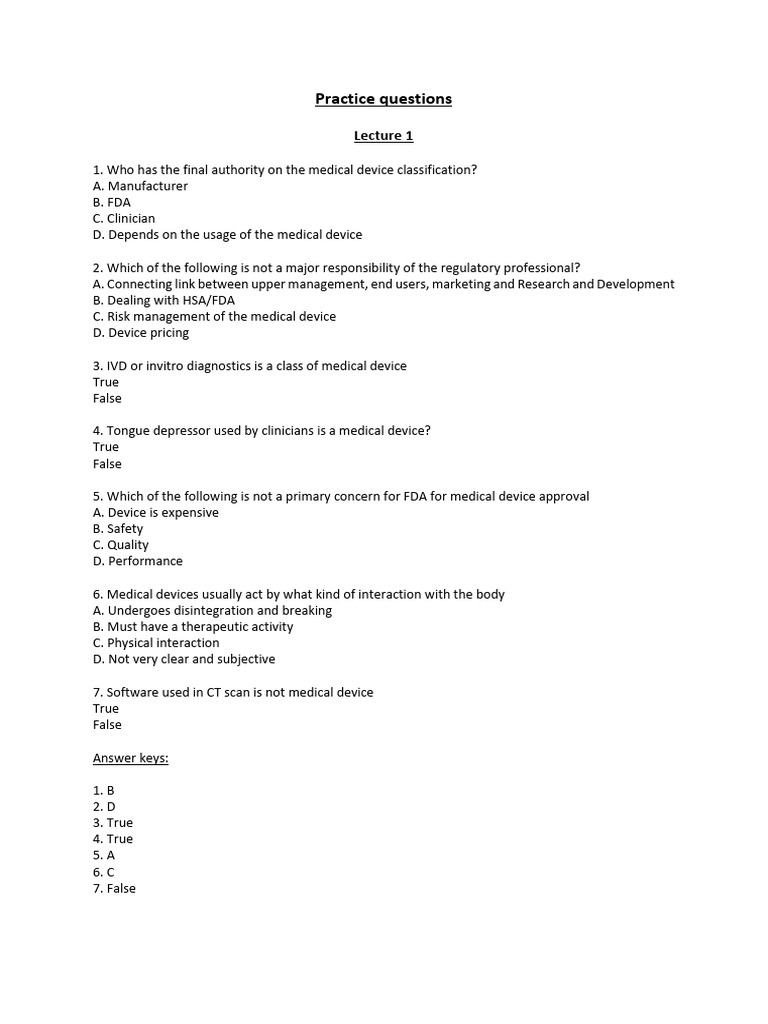 Practice MCQ Questions-Collated | PDF | Medical Device | Food And Drug Administration