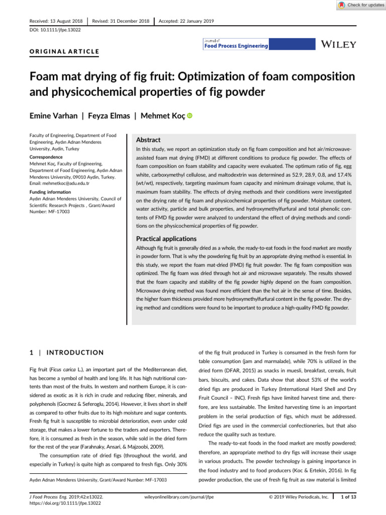 2018 Foam Mat Drying of Fig Fruit, Optimisation of Foam Composition and ...