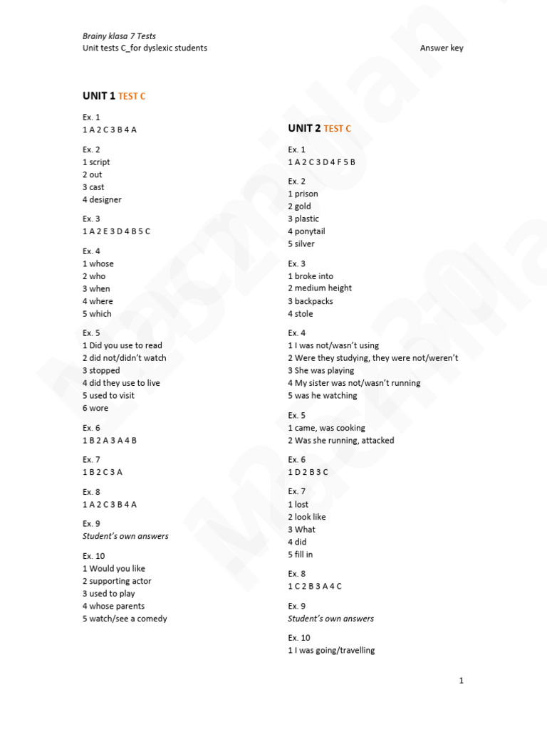 Brainy 7 Unit Tests Answer Key | PDF