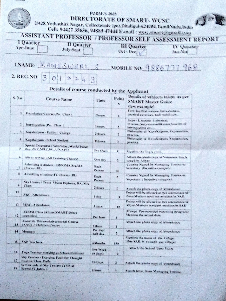 Assistant Professor Self Assessment Report_Kameswari S_3rd Quarter ...