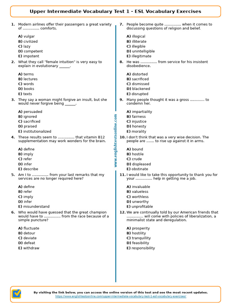 648 Upper Intermediate Vocabulary Test 1 Esl Vocabulary Exercises | PDF