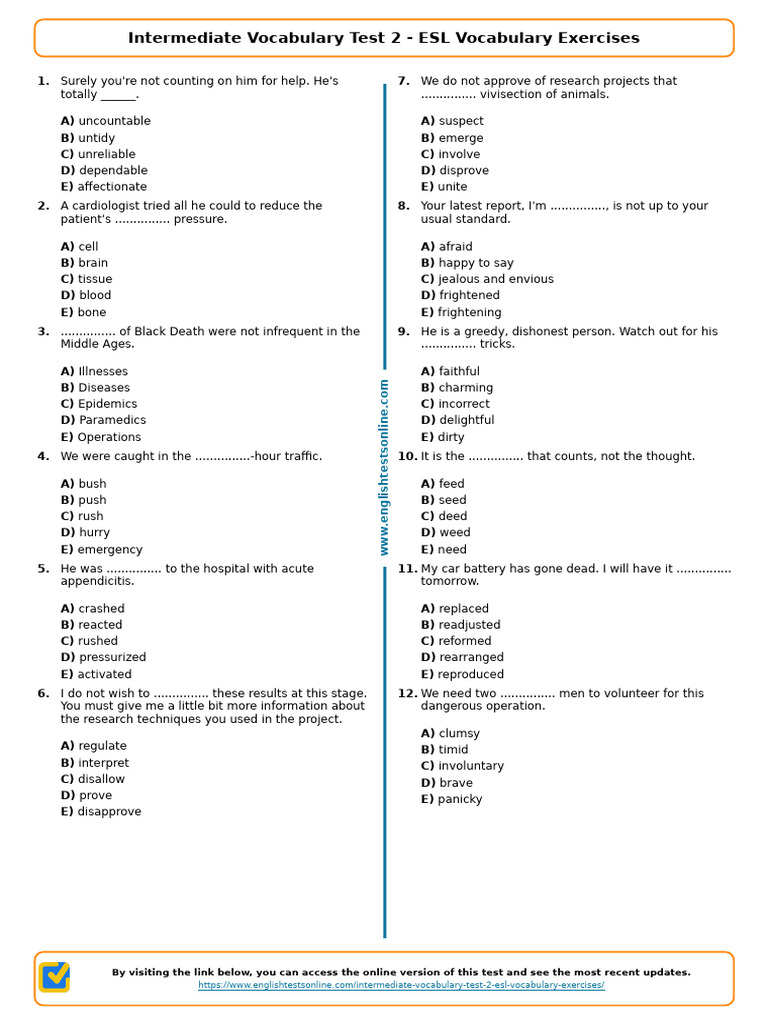 647 Intermediate Vocabulary Test 2 Esl Vocabulary Exercises | PDF