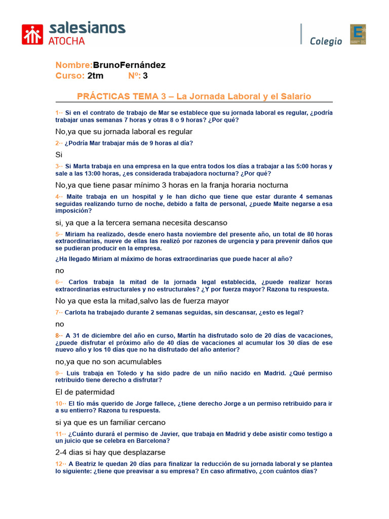 PRÁCTICAS TEMA 3 - LA JORNADA LABORAL Y EL TRABAJO - Nombre Del Alumno | PDF | Tiempo de trabajo ...