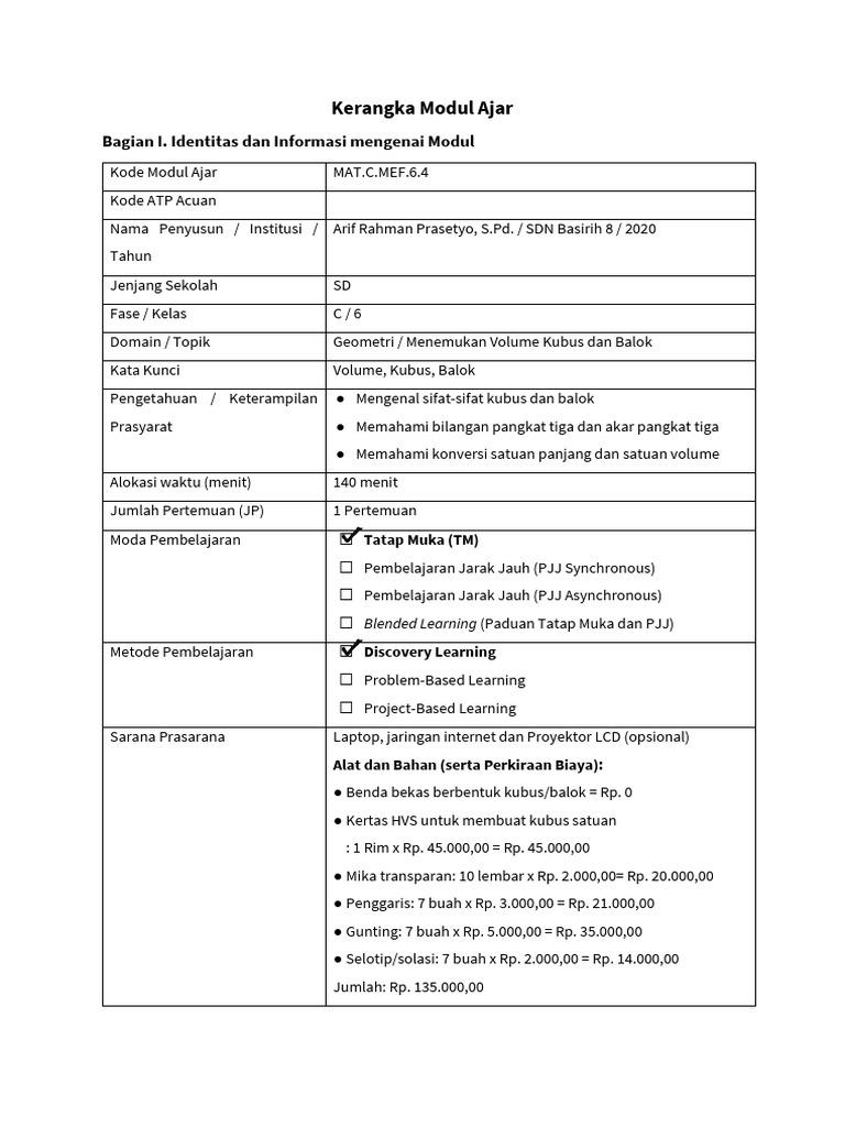 Final MA - MAT - Arif Rahman Prasetyo - SD - C - 2 (Volume Kubus Dan Balok) | PDF