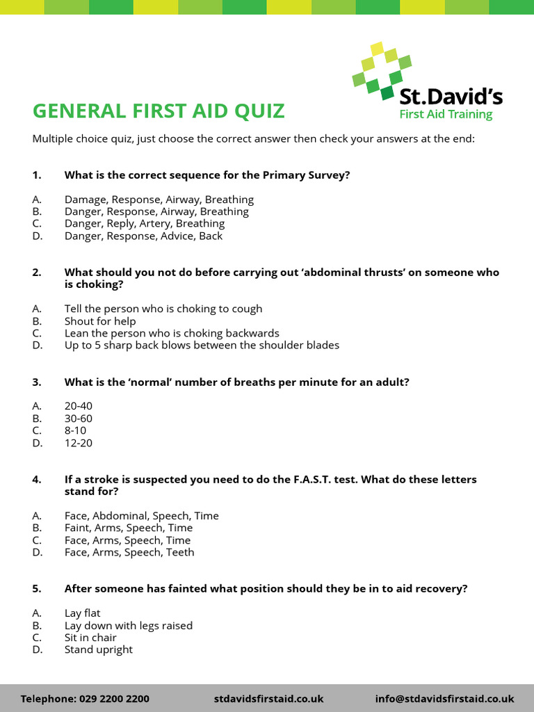 General First Aid Quiz with Answers | PDF | Clinical Medicine | Physiology