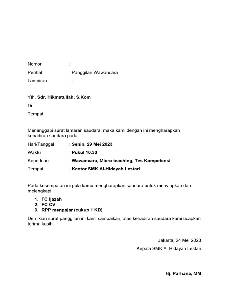 Surat Panggilan Interview | PDF