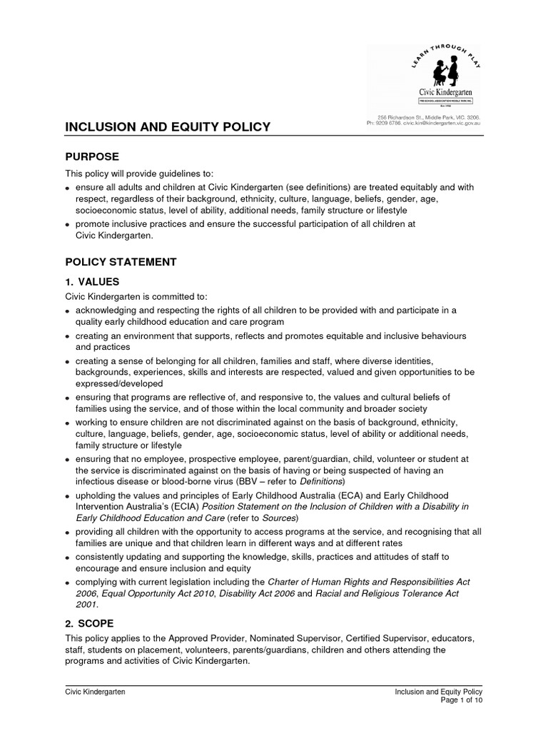 Inclusion and Equity Policy | PDF | Early Childhood Education | Social ...