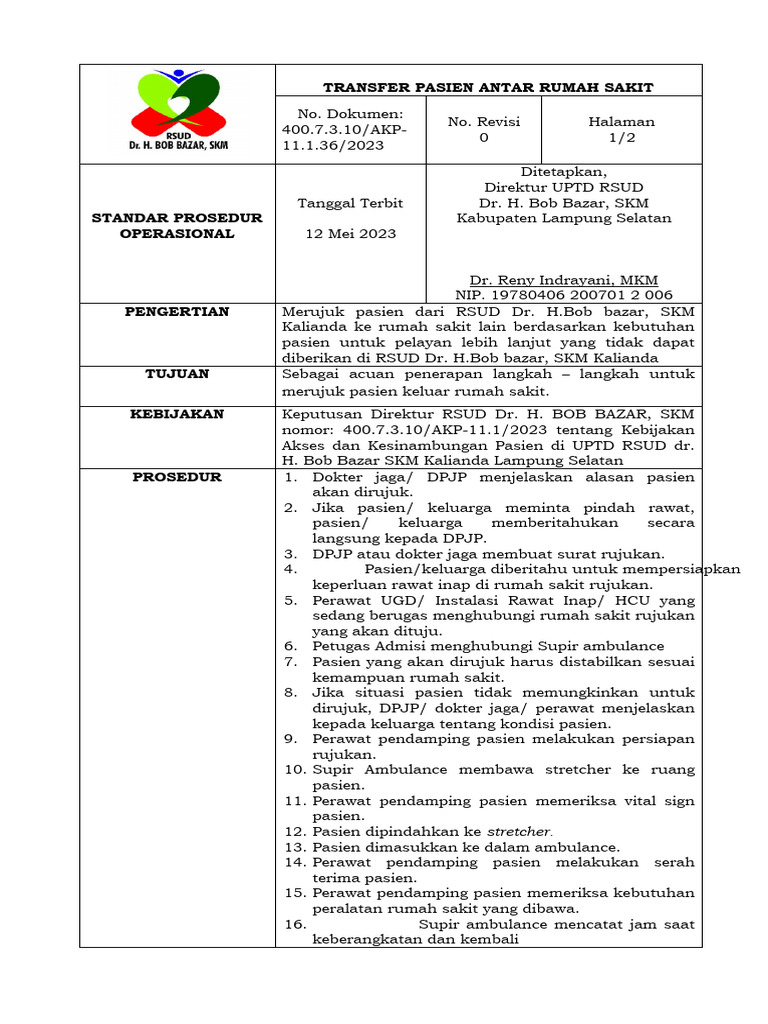 SPO TRANSFER PASIEN ANTAR RS | PDF