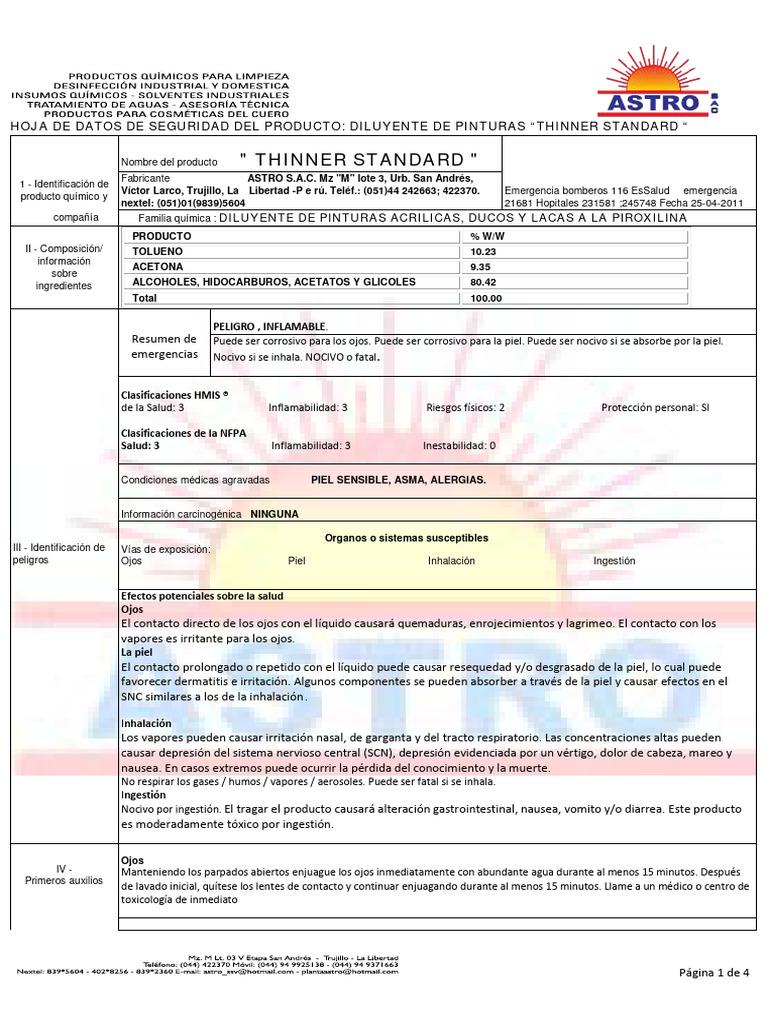 MSDS - Thinner Standar | PDF | Ciencias fisicas | Materiales