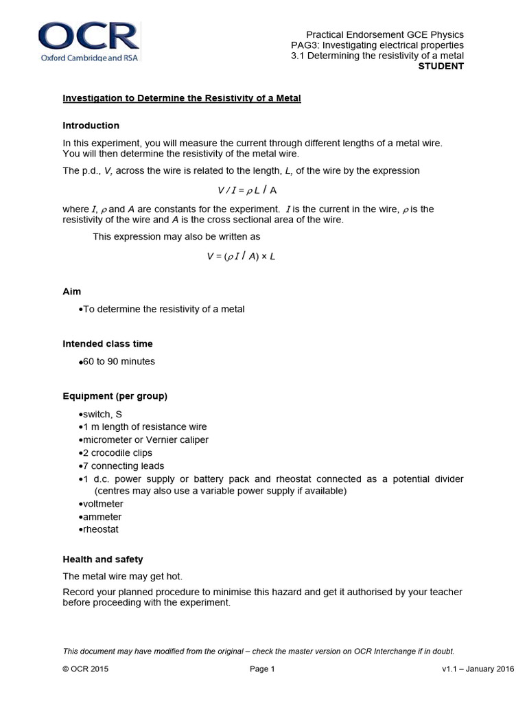 Physics Student Sheet 3.1 Resistivity of A Metal v1.1 | PDF | Electrical Resistivity And ...