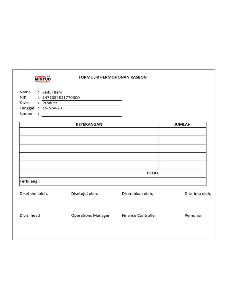 Form Kasbon Chef | PDF