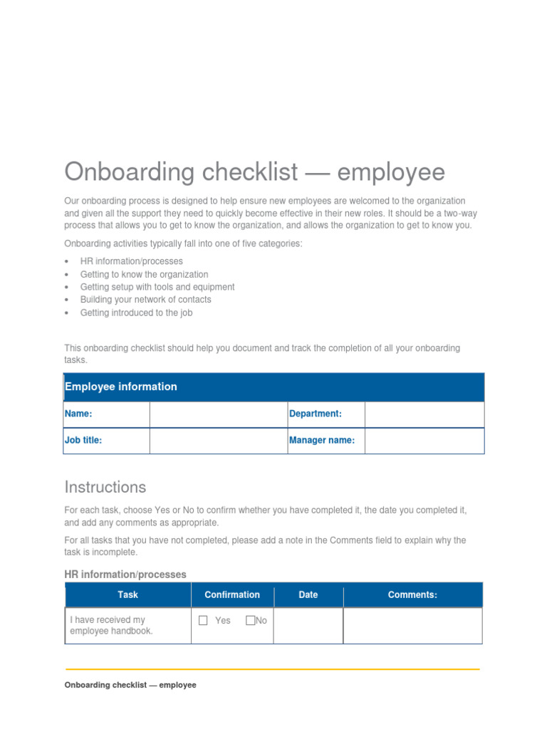 Onboarding Checklist Employee | PDF | Employment | Performance Management