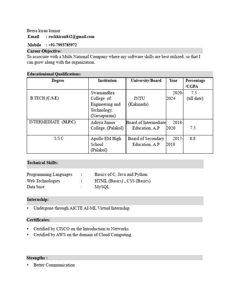 Beera Kiran Kumar - Resume Overview | PDF | Computers