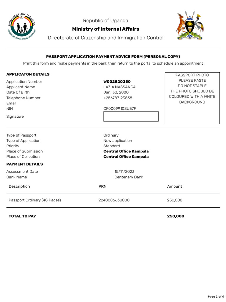 Uganda Passport Application Payment Form | PDF | Banks | Payments
