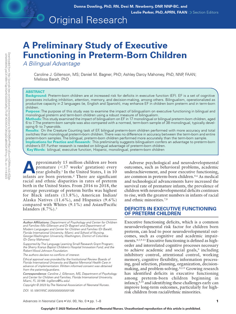 A Preliminary Study of Executive Functioning in Executive Functioning in Preterm-Born Children ...
