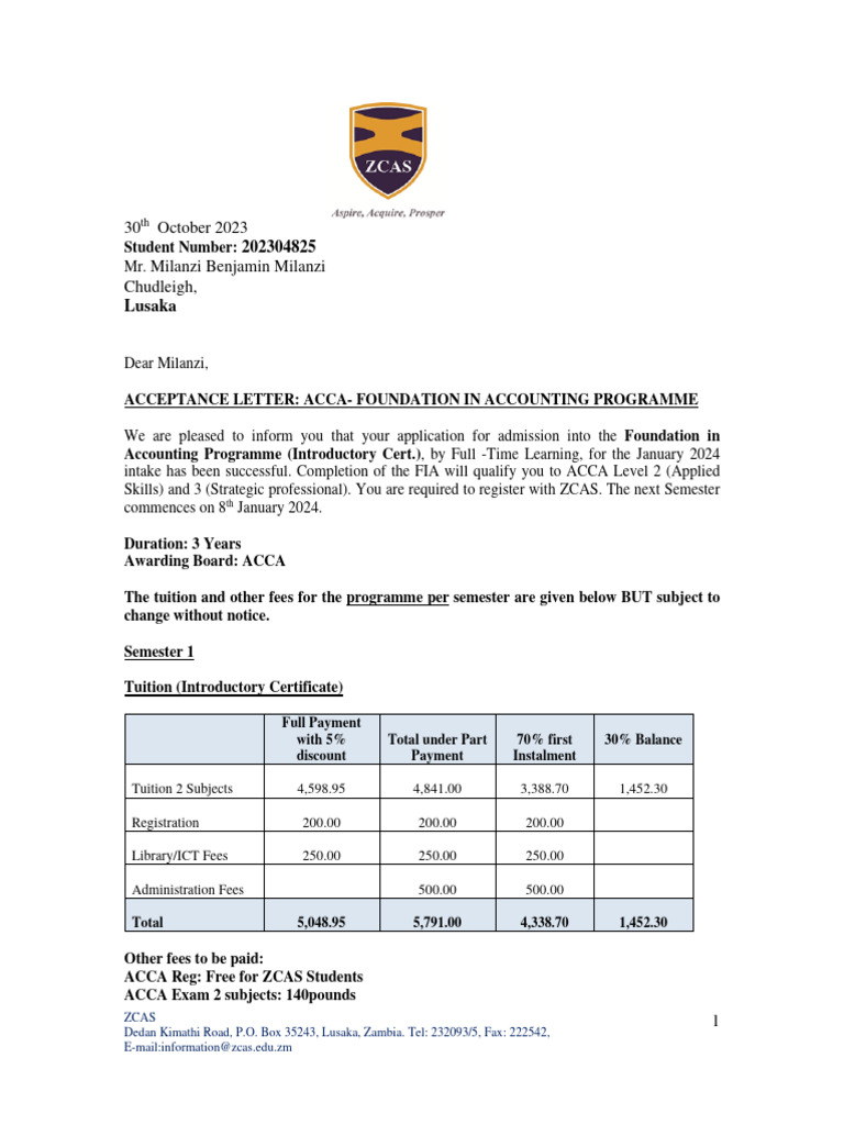 Fia Acceptance Letter | PDF | Fee | Payments