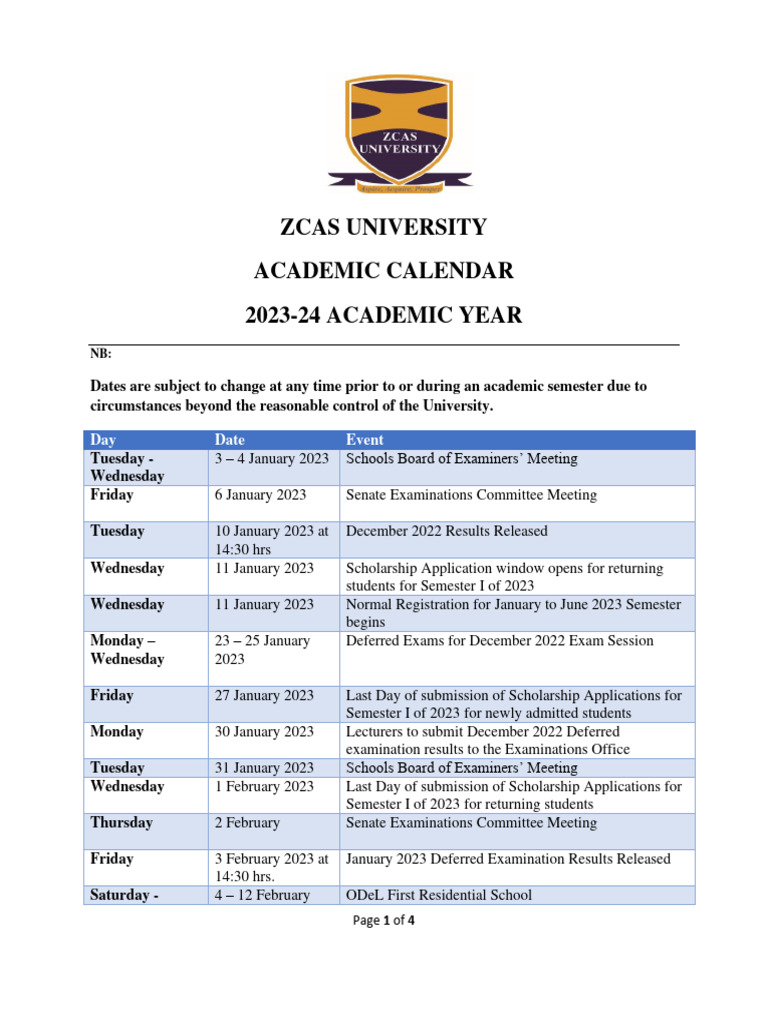 ZCAS-U 2023-24 Academic Calendar - Official | PDF | Academic Term ...