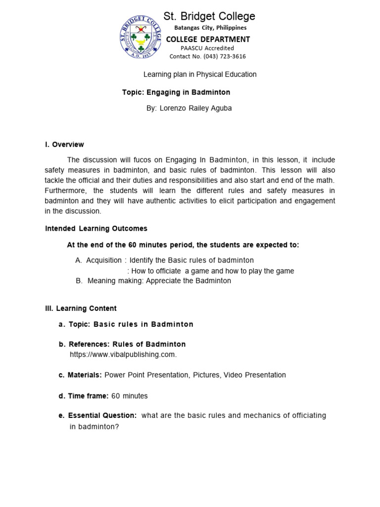 Lesson-Plan-for-Grade 10 Student Badminton | PDF