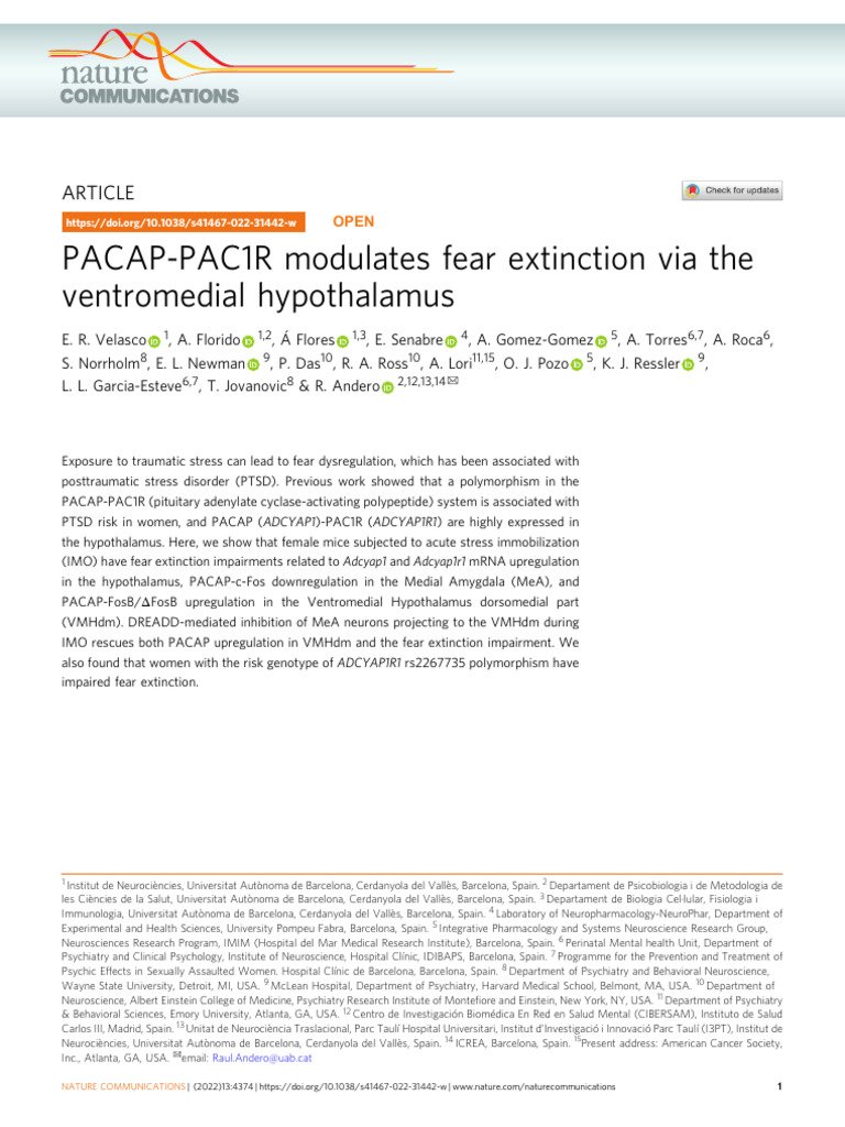 PACAP-PAC1R Modulates Fear Extinction Via The Ventromedial Hypothalamus ...