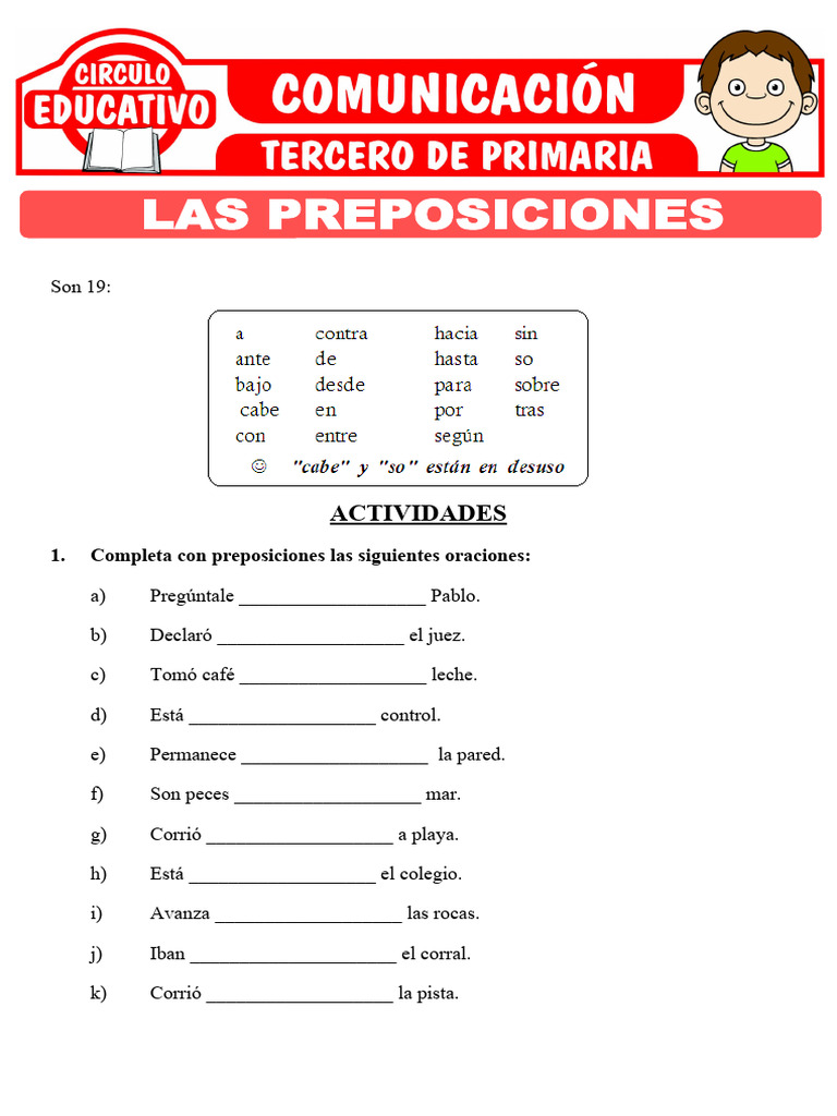 Actividades Sobre Las Preposiciones para Tercero de Primaria | PDF ...