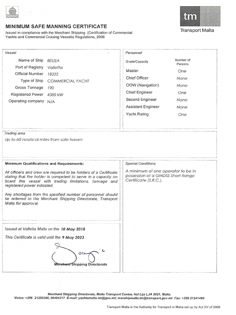Be Minimum Safe Manning Certificate | PDF