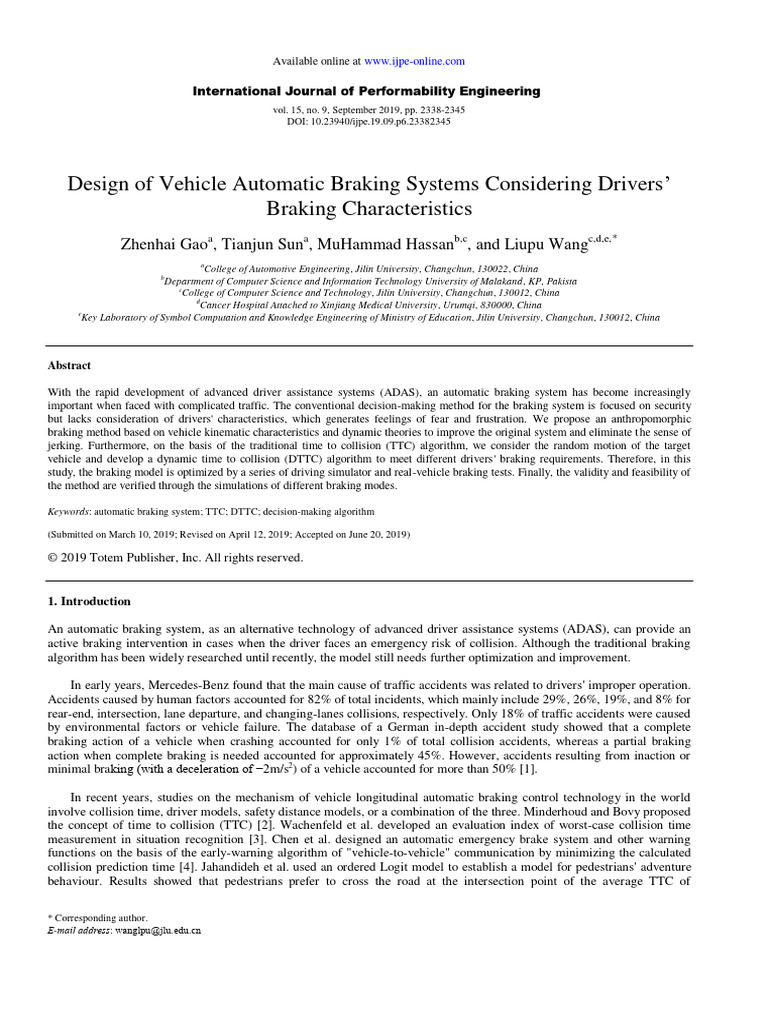 Design of Vehicle Automatic Braking Systems Considering Drivers’ Braking Characteristics | PDF ...