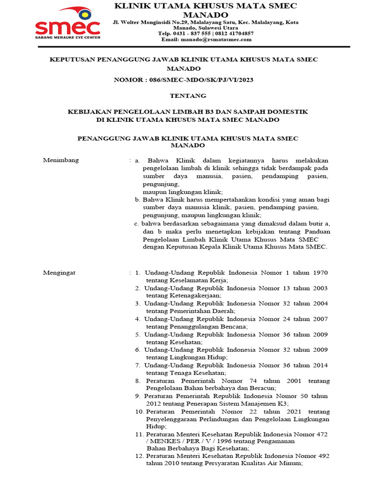 Kebijakan Pengelolaan Limbah SMEC Manado | PDF | Pengembangan Diri