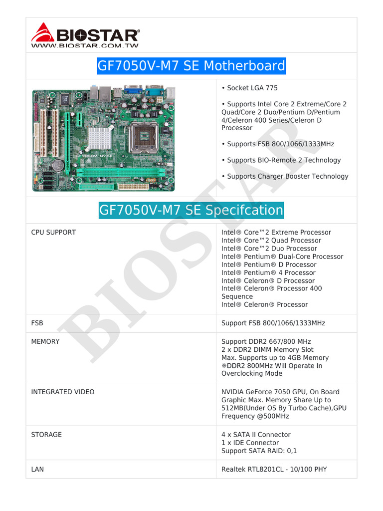 Biostar GF7050V-M7 Se Spec | PDF | Personal Computers | Computer Hardware