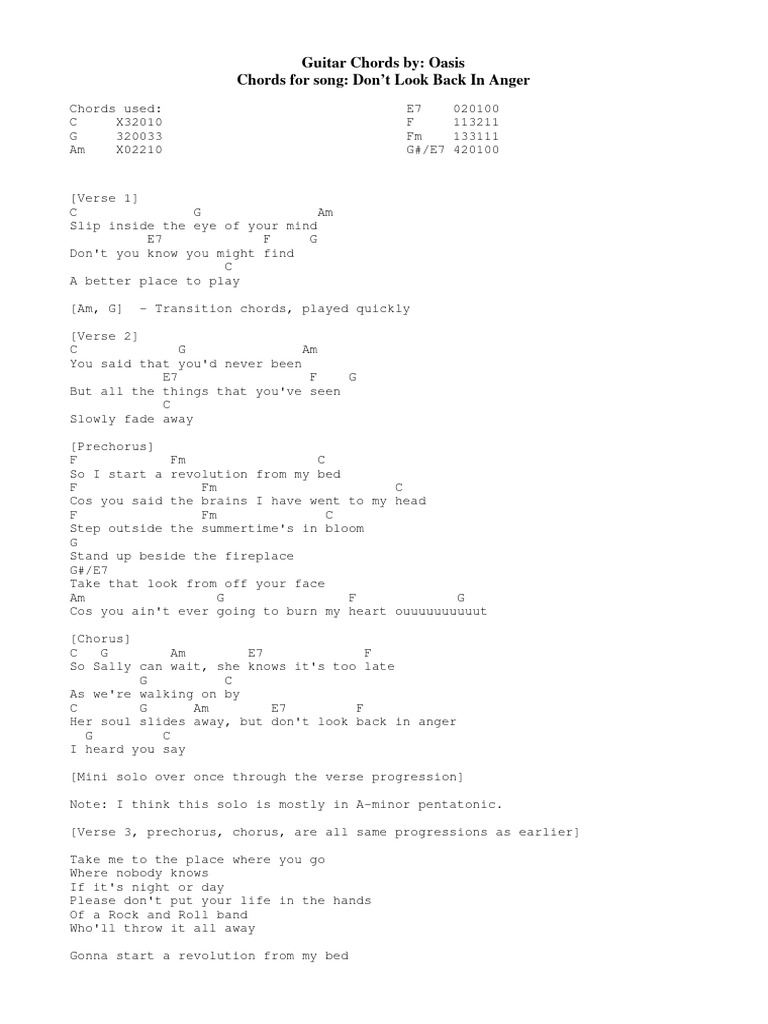 Oasis - Don't Look Back in Anger (C Major) - 1 | PDF | Song Structure ...