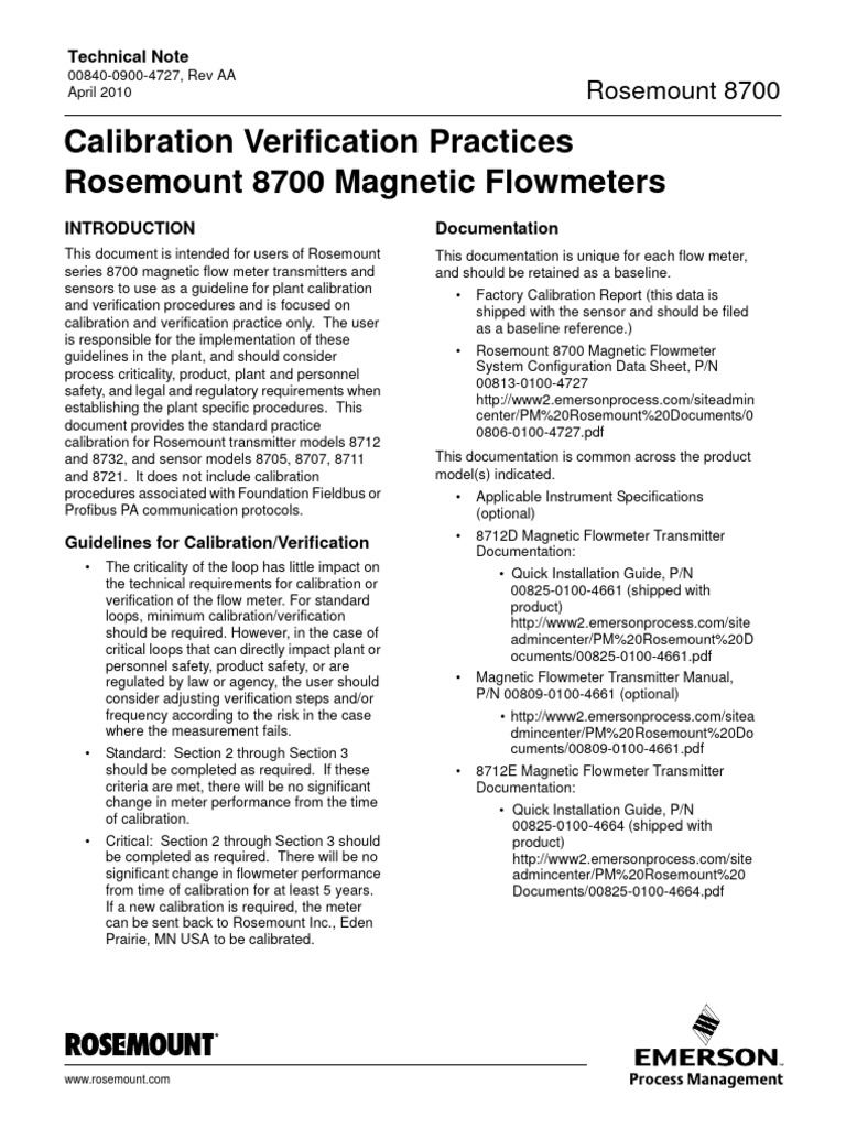 Technical Note Calibration Verification Practices 8700 Magnetic Flow ...