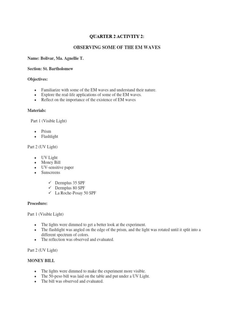 Exploring EM Waves: Light & UV Experiments | PDF | Ultraviolet | Sunscreen