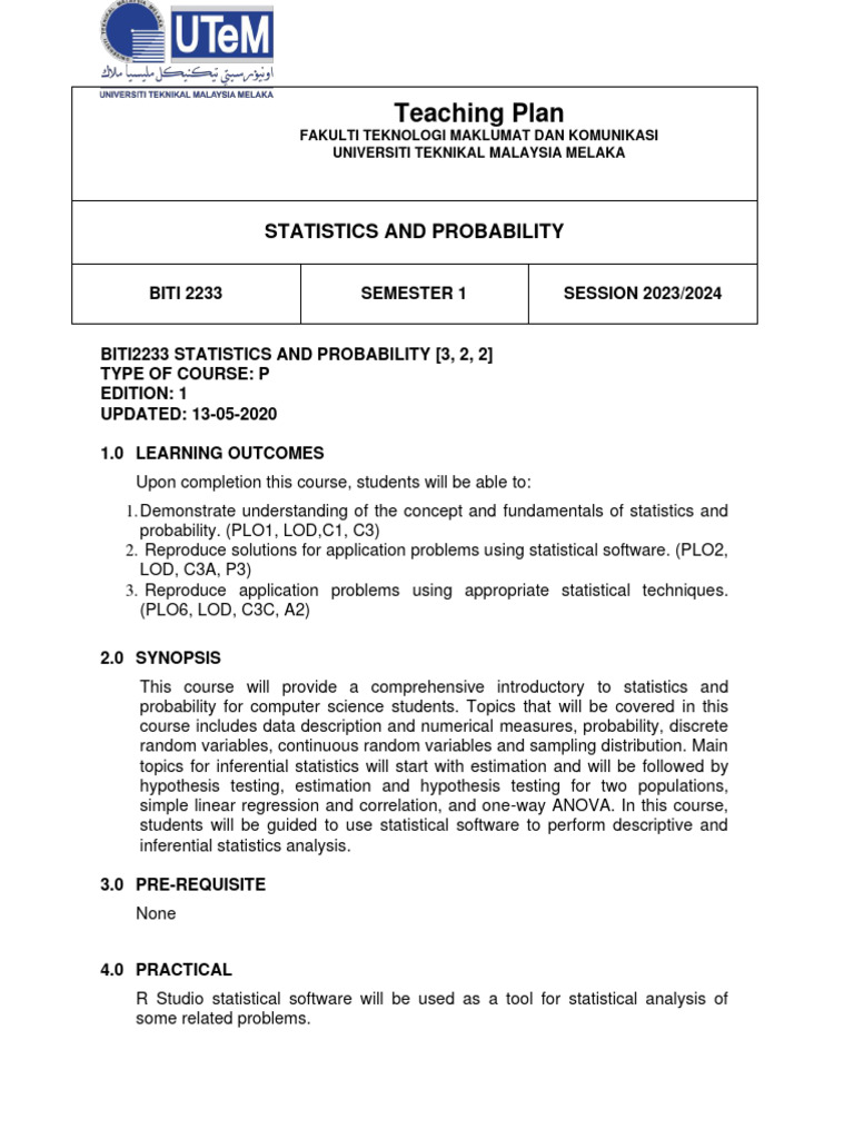 BITI2233 Teaching Plan | PDF | Probability Distribution | Statistics