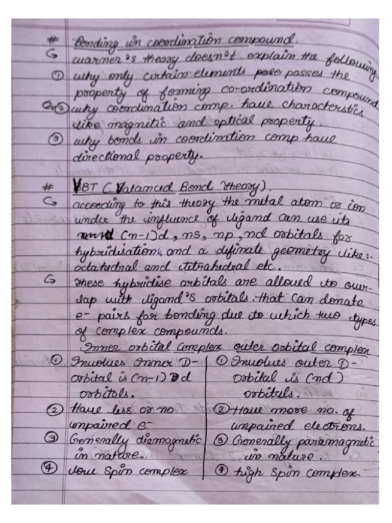 Valence Bond Theory (VBT) in Coordination Compounds Class Notes | PDF