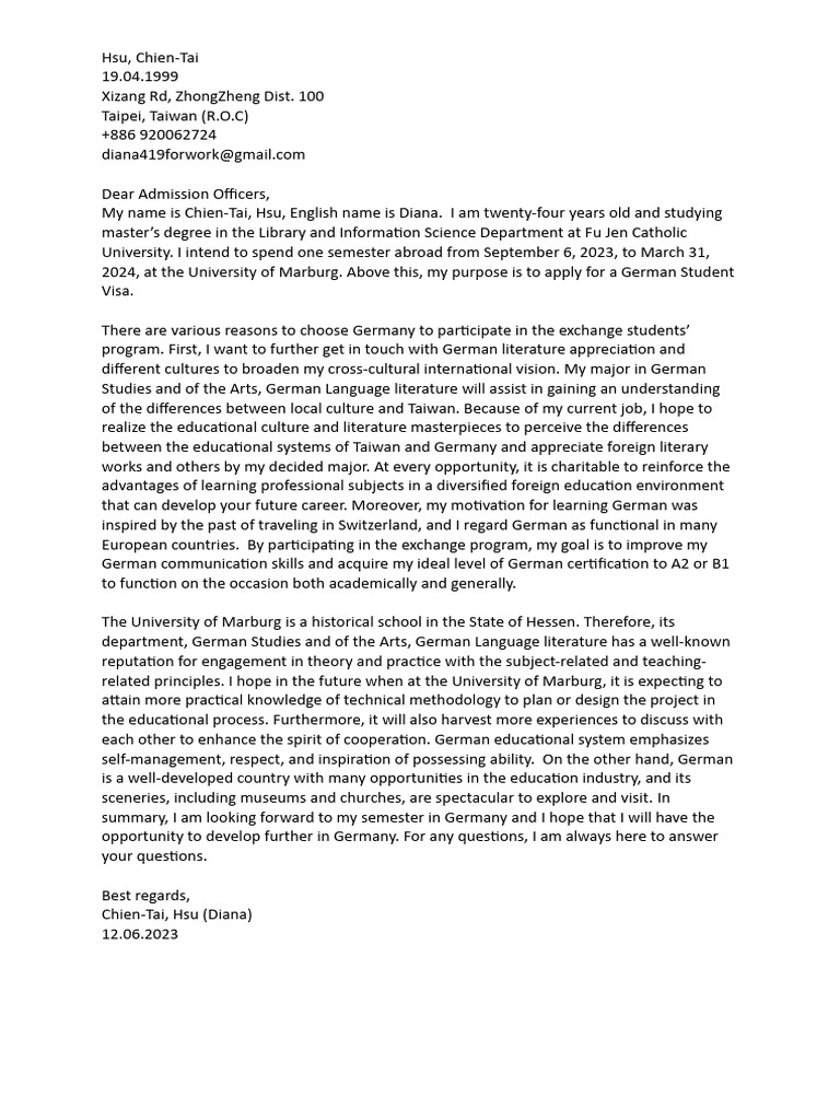 Letter of Motivation to Germany | PDF | Motivation | Motivational
