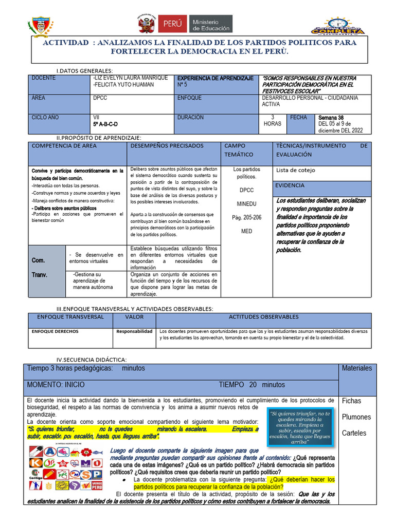 SESIÓN DPCC 5TO DPCC PARTIDOS | PDF | Maestros | Democracia SESIÓN DPCC 5TO DPCC PARTIDOS | PDF | Maestros | Democracia
