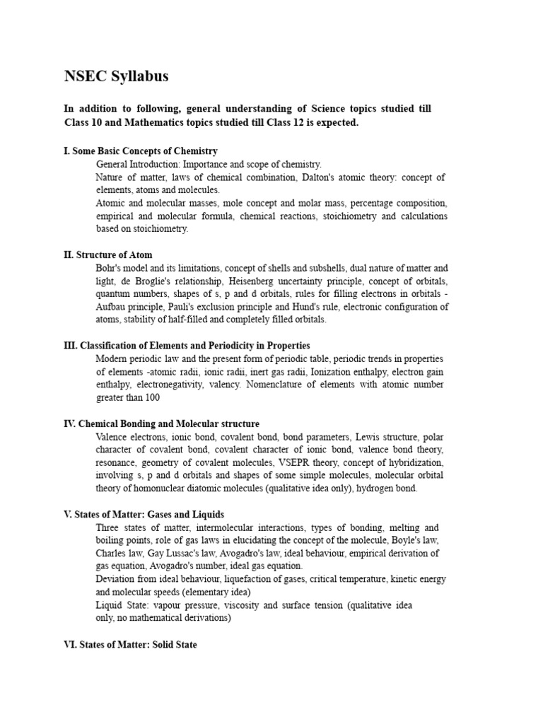 NSEC Syllabus | PDF | Chemical Bond | Molecules