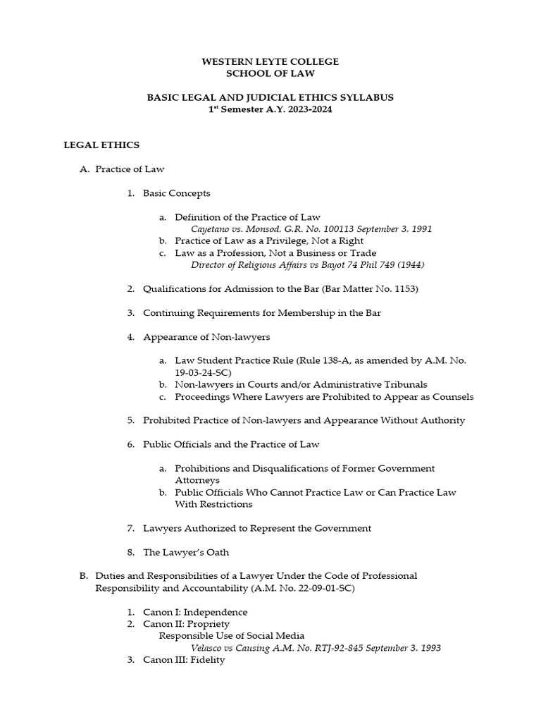 Basic Legal and Judicial Ethics Syllabus A.Y. 2023 2024 1 1 1 | PDF ...