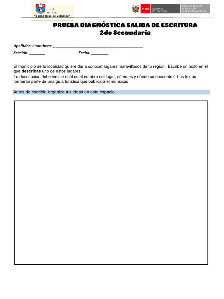 Prueba diagnóstica de salida escritura 2do Sec | PDF