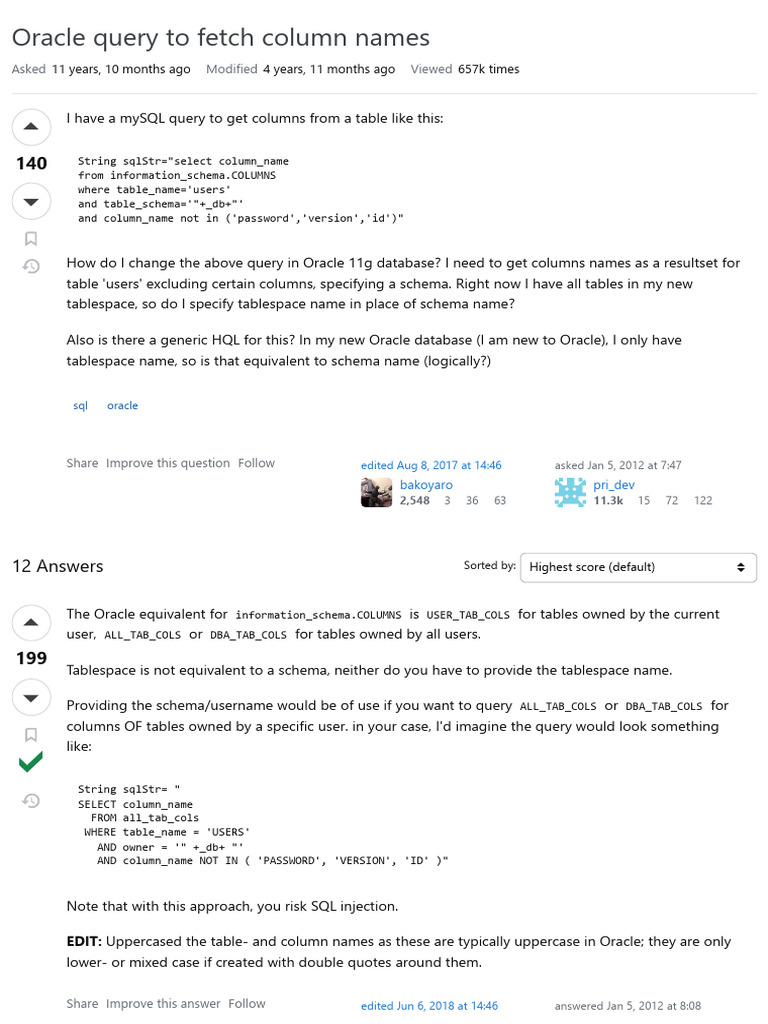 Sql Oracle Query To Fetch Column Names Stack Overflow Pdf Databases Table Database
