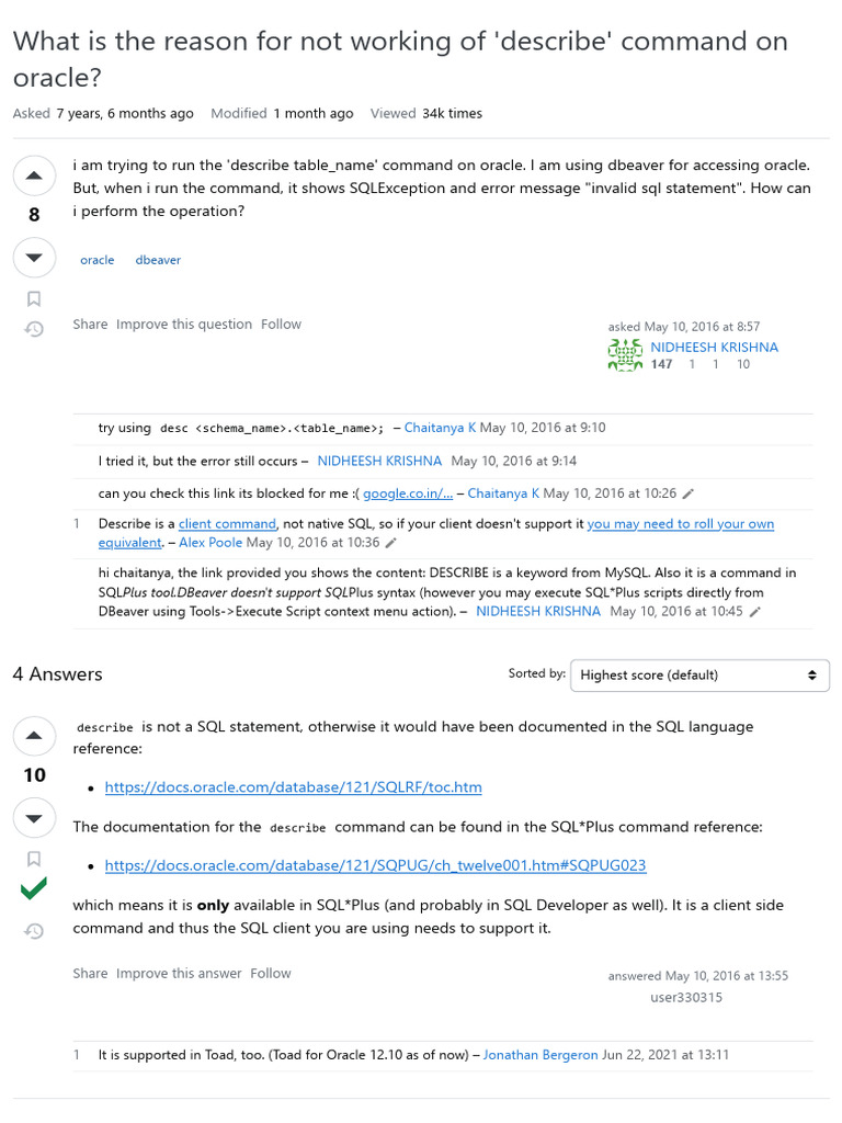 Dbeaver - What Is The Reason For Not Working of 'Describe' Command On Oracle - Stack Overflow ...
