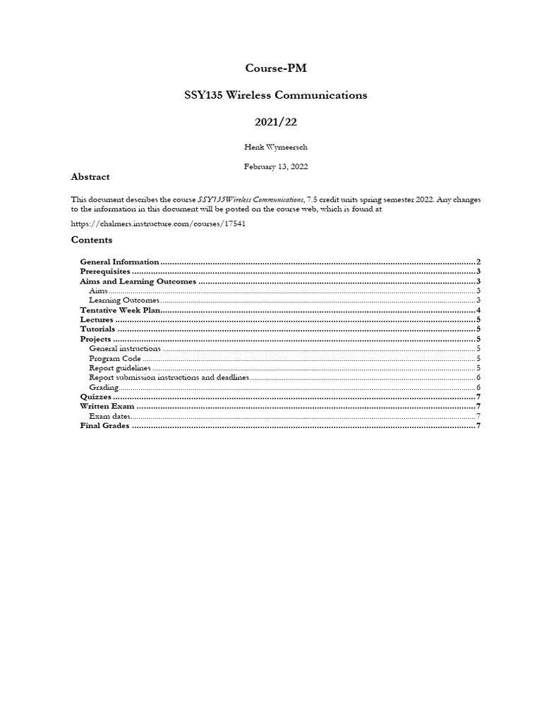 Course-PM SSY135 Wireless Communications 21-22 | PDF | Telecommunications Engineering | Wireless