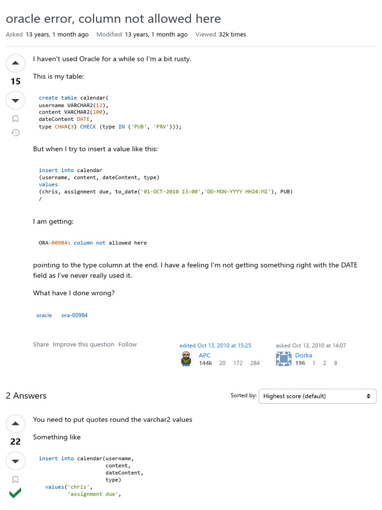 Ora 00984 - Oracle Error, Column Not Allowed Here - Stack Overflow | PDF | Software Development ...