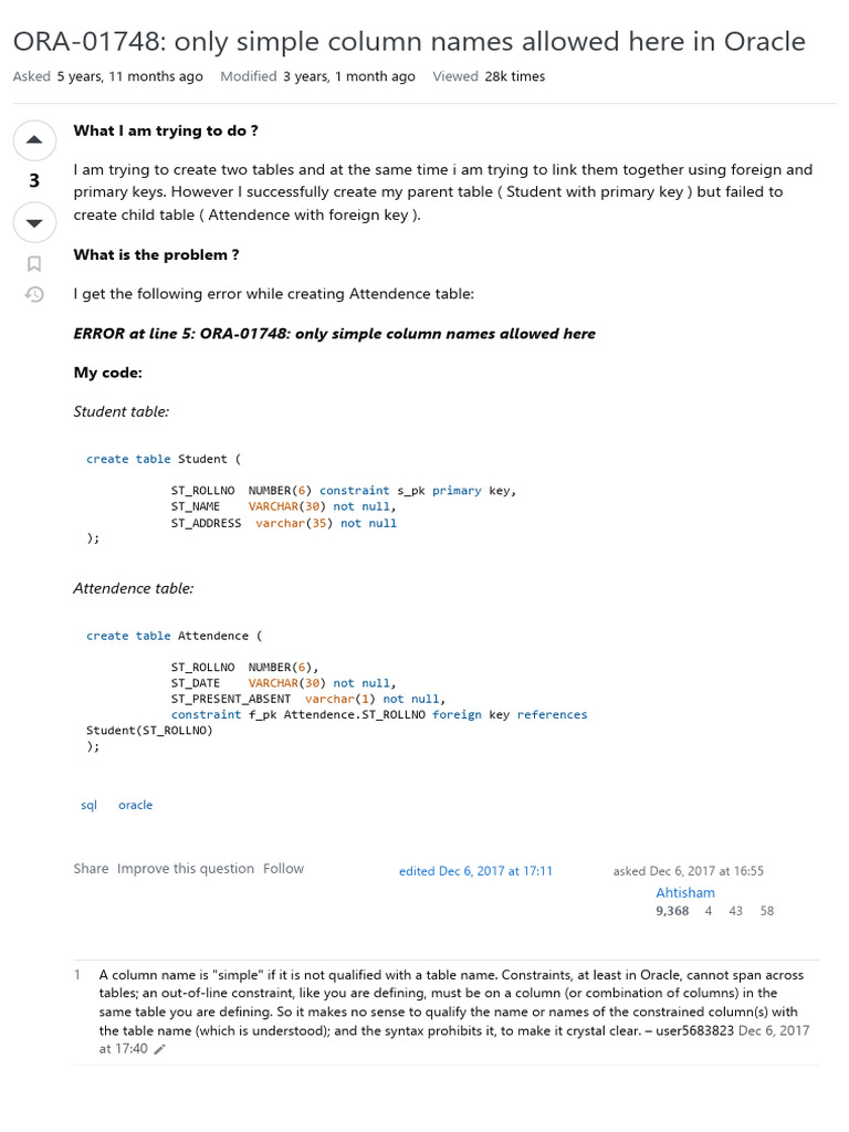 SQL - ORA-01748 - Only Simple Column Names Allowed Here in Oracle - Stack Overflow | PDF | Data ...