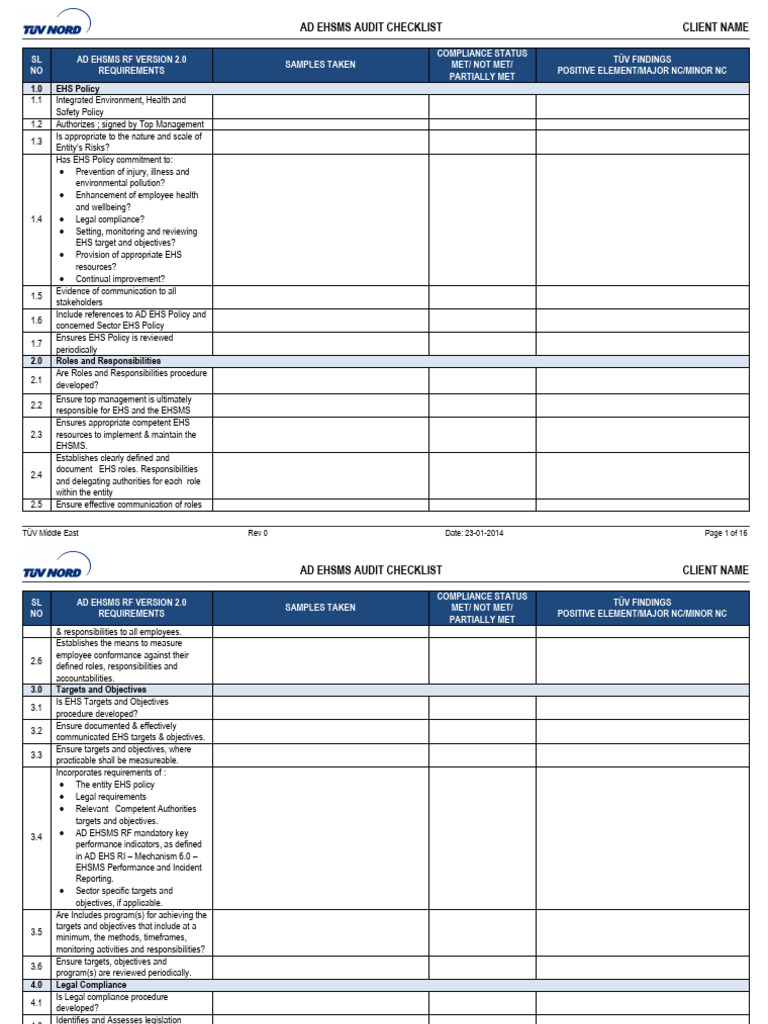 AD EHSMS Audit Checklist | Download Free PDF | Audit | Risk
