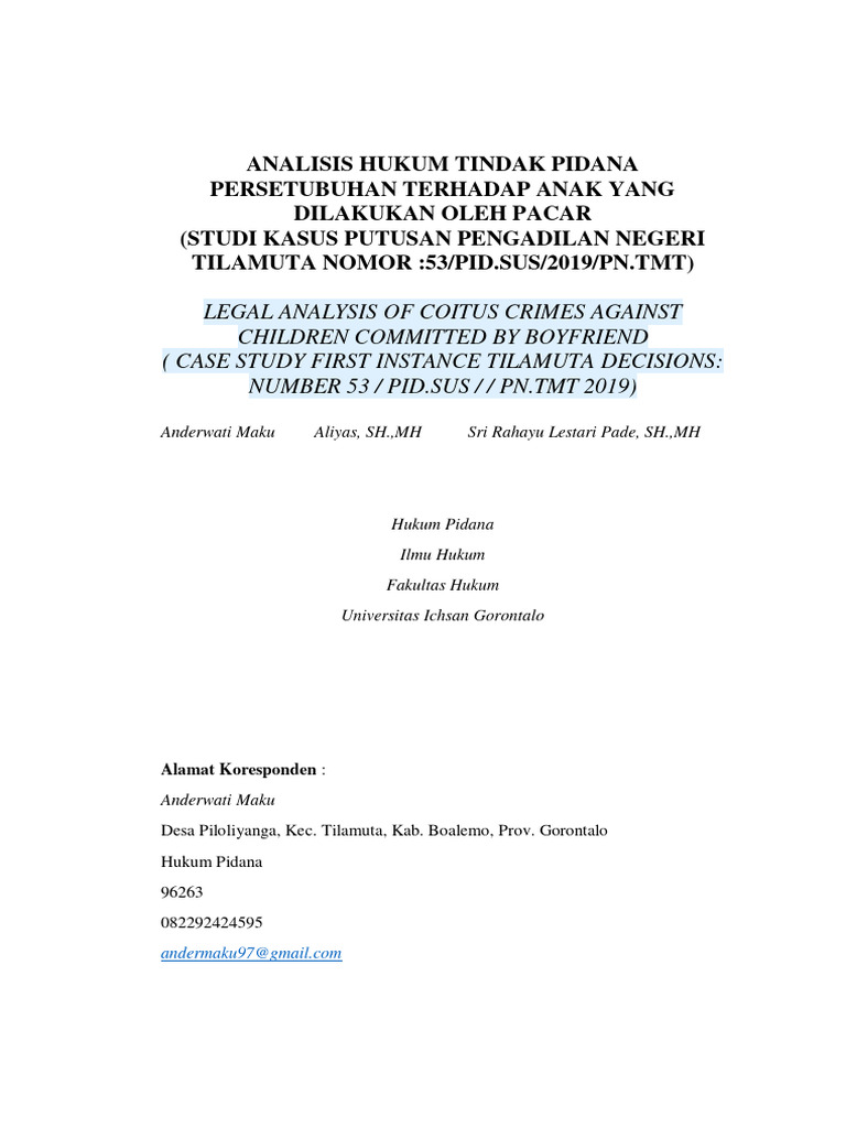 Analisis Hukum Tindak Pidana Persetubuhan Terhadap Anak Yang Dilakukan Oleh Pacar (Studi Kasus ...
