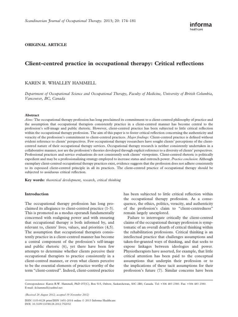 Client-centred practice in occupational therapy Critical reflections ...