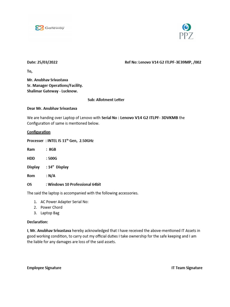 IT Asset Allotment Letters | PDF | Laptop | Desktop Computer